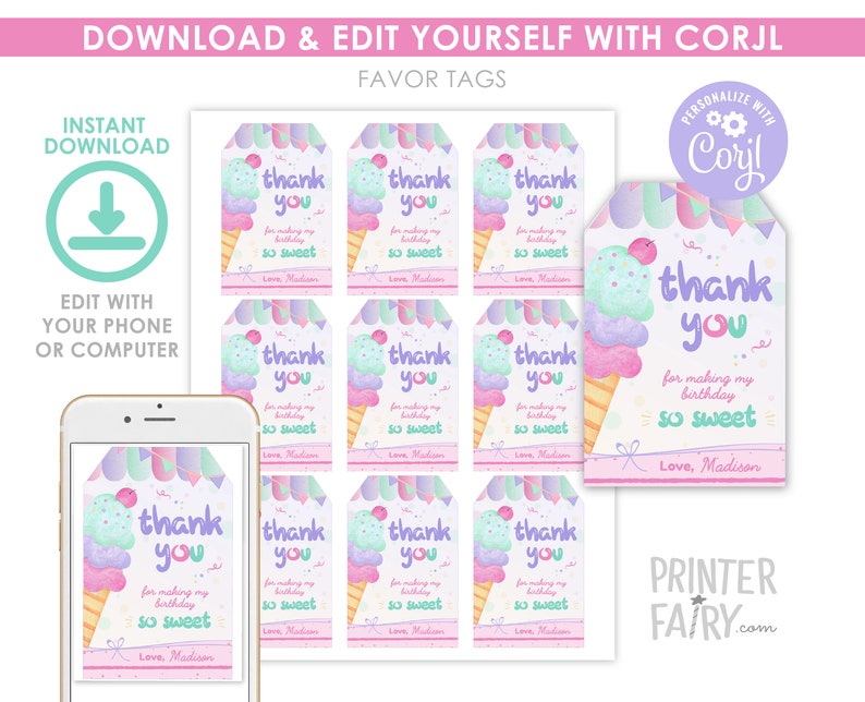 Ice Cream Birthday Favor Tags EDITABLE Ice Cream Party - Etsy