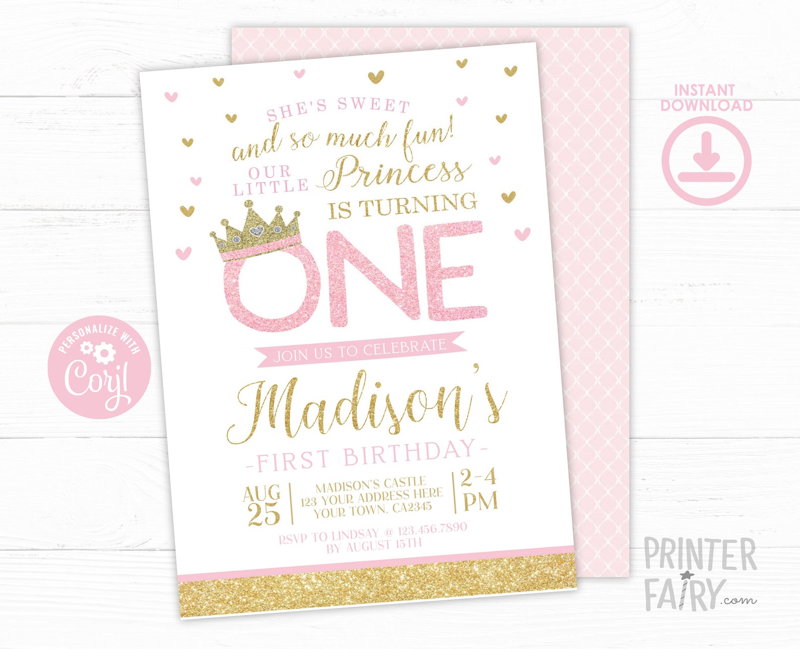 Princess 1st Birthday Invitation, EDITABLE Princess Invitation, Pink ...