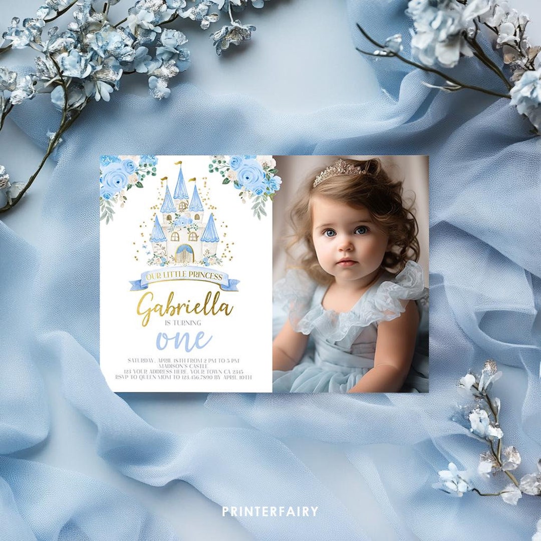 Princess Birthday Photo Invitation, Blue Princess Castle, First ...