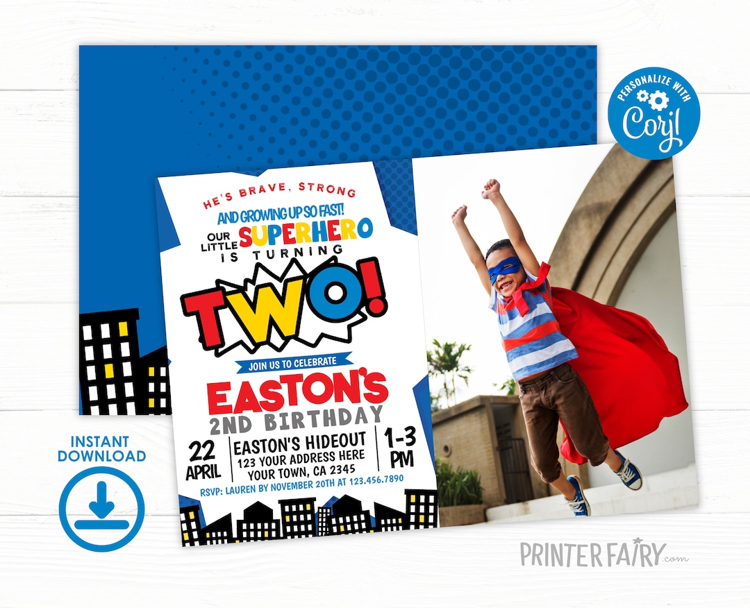 Superhero Second Birthday Invitation With Photo, Editable, Little ...