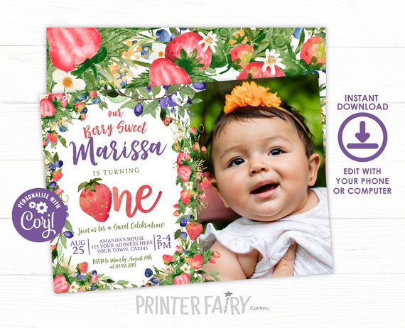 Berry First Birthday Invitation, EDITABLE, Sweet One, Berry Sweet ...
