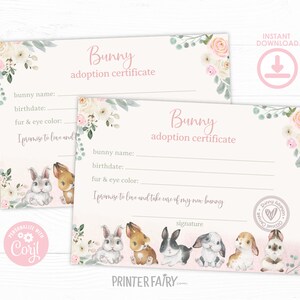 Bunny Adoption, EDITABLE, Bunny Adoption Certificate, Bunny Adoption ...