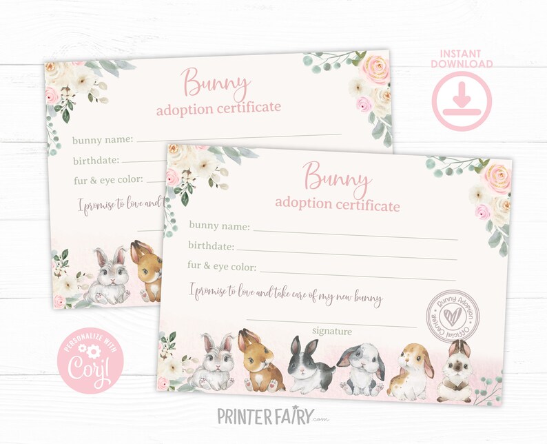 Bunny Adoption EDITABLE Templates Bundle, Adoption Certificate and Sign ...