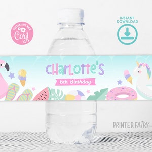 Pool Birthday Party Water Bottle Label, EDITABLE, Summer Birthday Party ...