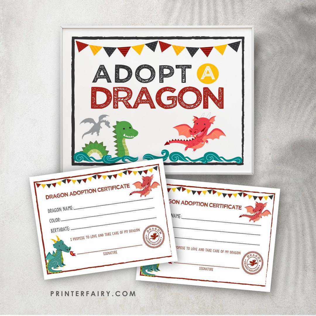 Adopt a Dragon Printables, Pet Adoption Party, Dragon Adoption Certificate and Sign, Dragon ...