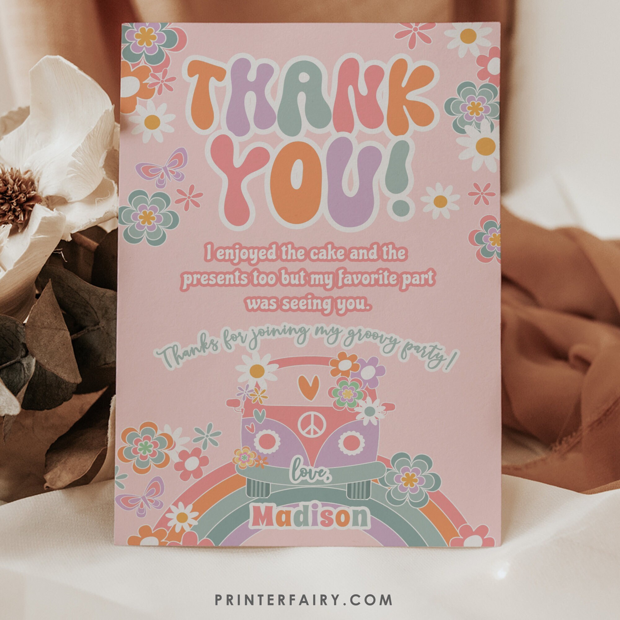 Editable Groovy One Thank You Card Hippie Party Daisy Birthday Thank ...