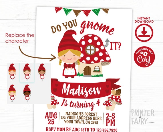 Gnome Birthday Invitation, Editable Character, Woodland Birthday Party ...