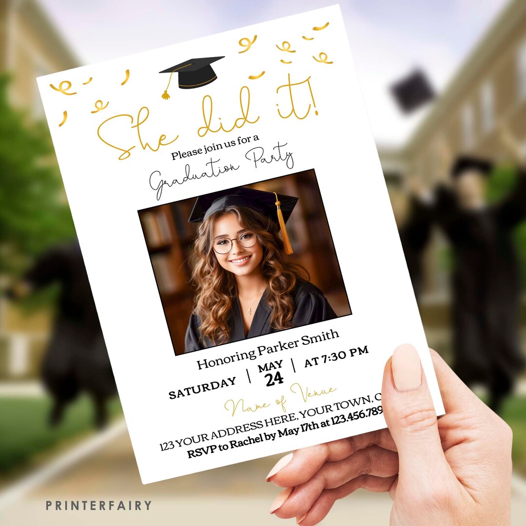 She Did It Graduation Party Invitation With Photo, Editable, College ...