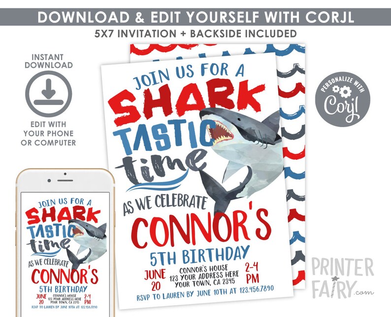 Shark Birthday Invitation EDITABLE Shark Invitation Pool - Etsy