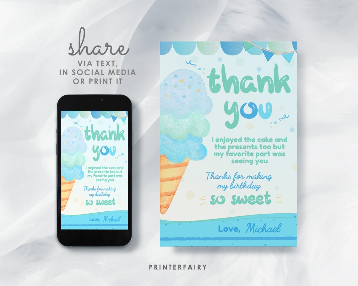 Ice Cream Birthday Thank You Card, EDITABLE, Ice Cream Party, Summer ...