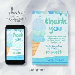 Ice Cream Birthday Thank You Card, EDITABLE, Ice Cream Party, Summer ...