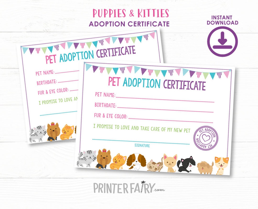Pet Adoption Certificate, Puppy and Kitty Adoption Birthday Party ...