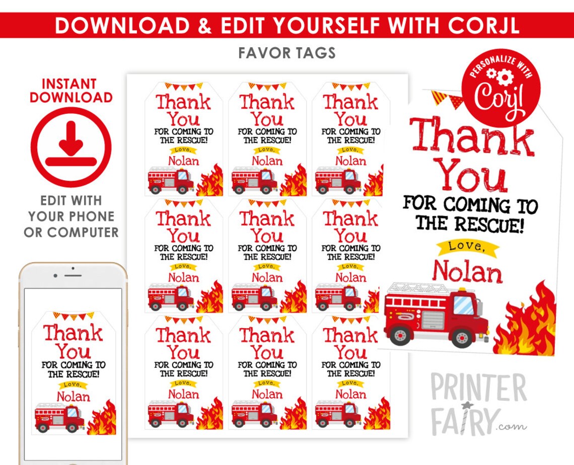 Firefighter Favor Tags EDITABLE Fire Fighter Birthday Party | Etsy