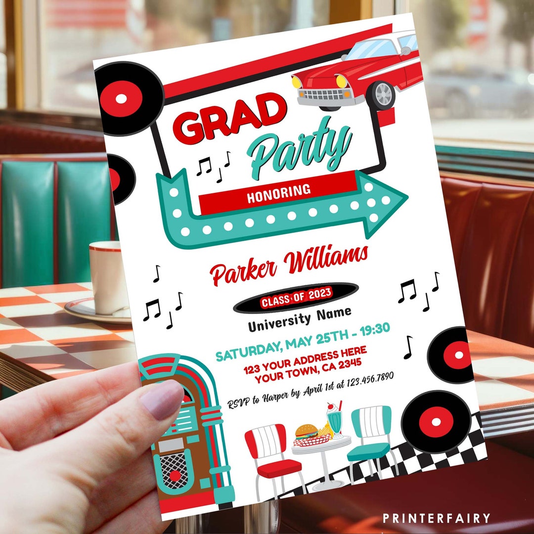 Diner Graduation Party Invitation, Editable, 1950's Party Invite ...