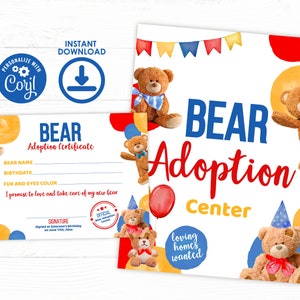 Bear Adoption Sign and Certificate, EDITABLE, Beary Fun Birthday, Bear ...