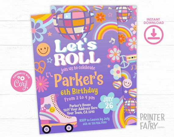 Roller Skate Invitation, Disco Birthday Invitation, EDITABLE ...