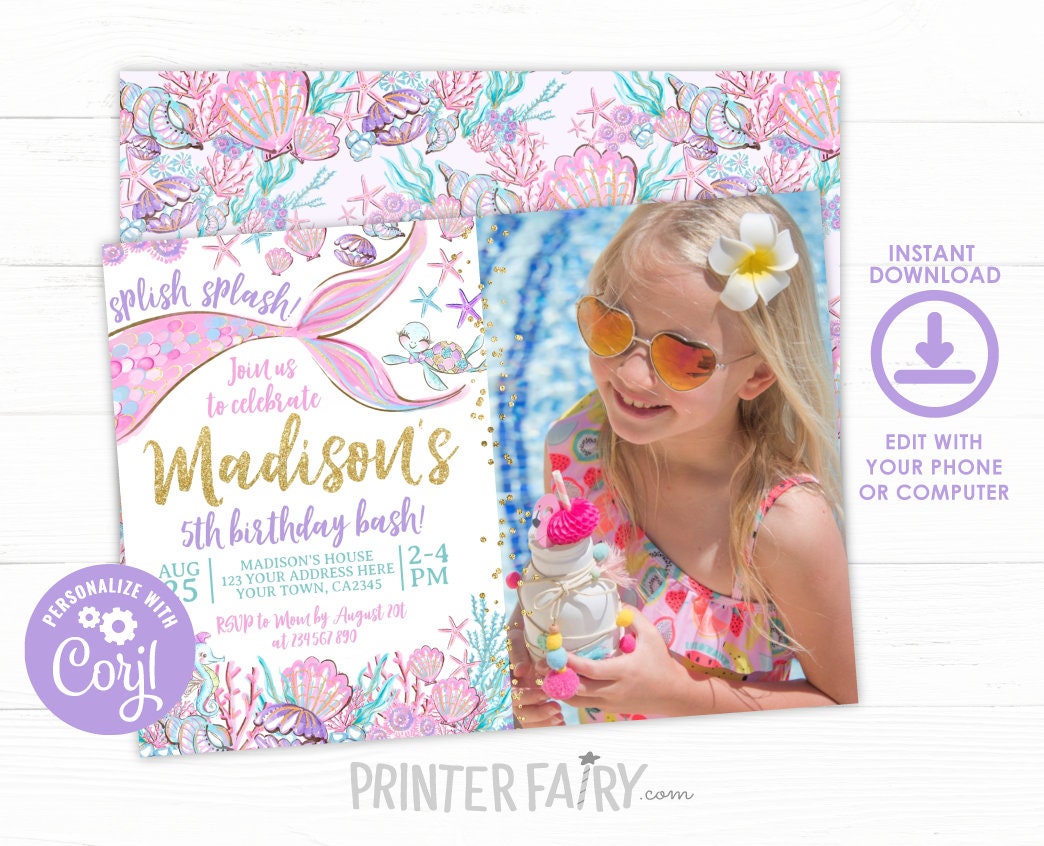 Editable Mermaid Birthday Invitation With Photo (digital Download) - Etsy