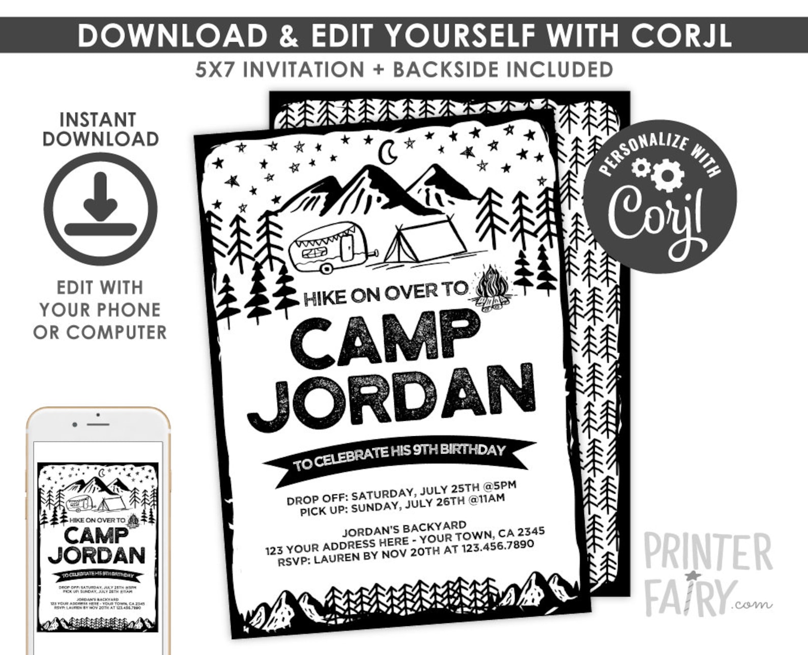 Camping Invitation EDITABLE Summer Camp Party Sleepover - Etsy