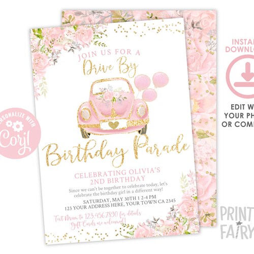 Editable Drive by Birthday Parade Invitation Drive Through | Etsy