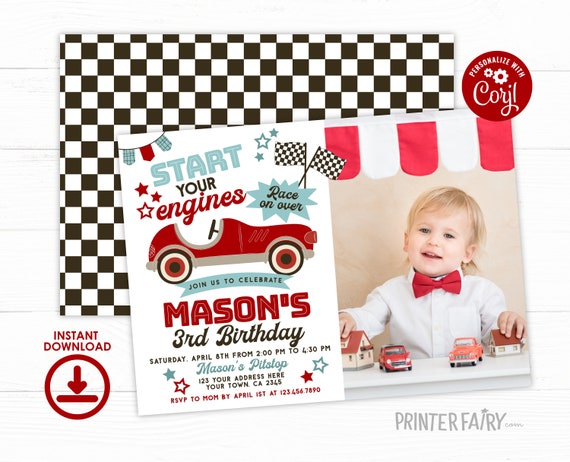 Race Car Birthday Party Invitation with Photo, EDITABLE, Racing Car ...