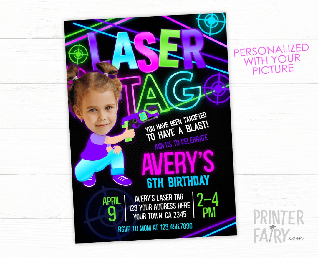 Laser Tag Girl Birthday Invitation With Photo, Place Your Face, Neon ...