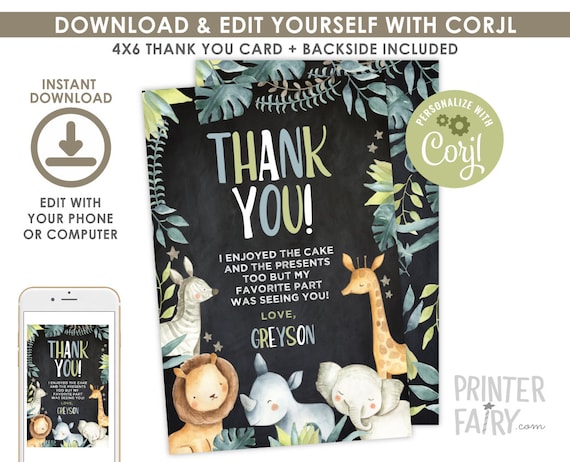 Safari Thank You Cards, EDITABLE, Jungle Thank You Notes, Jungle ...