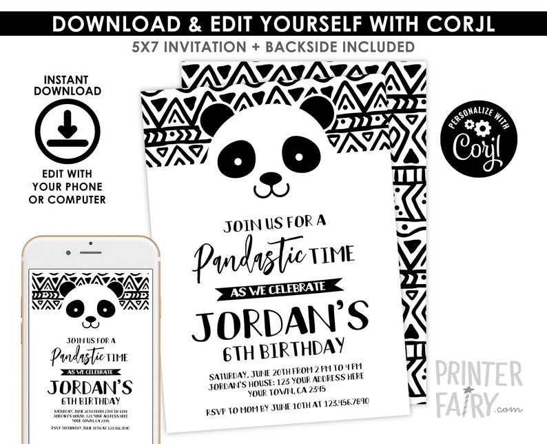 Panda Birthday Invitation Editable Template for Any Age, Black and ...