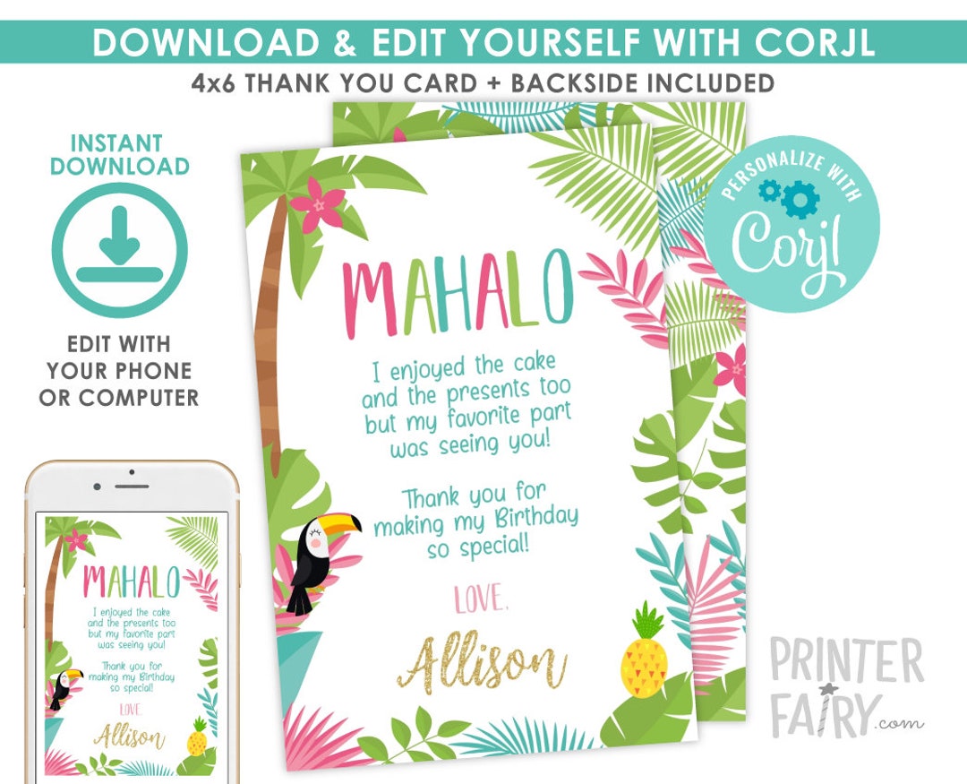 Luau Thank You Cards, EDITABLE, Hawaiian Birthday Party, Beach Birthday ...