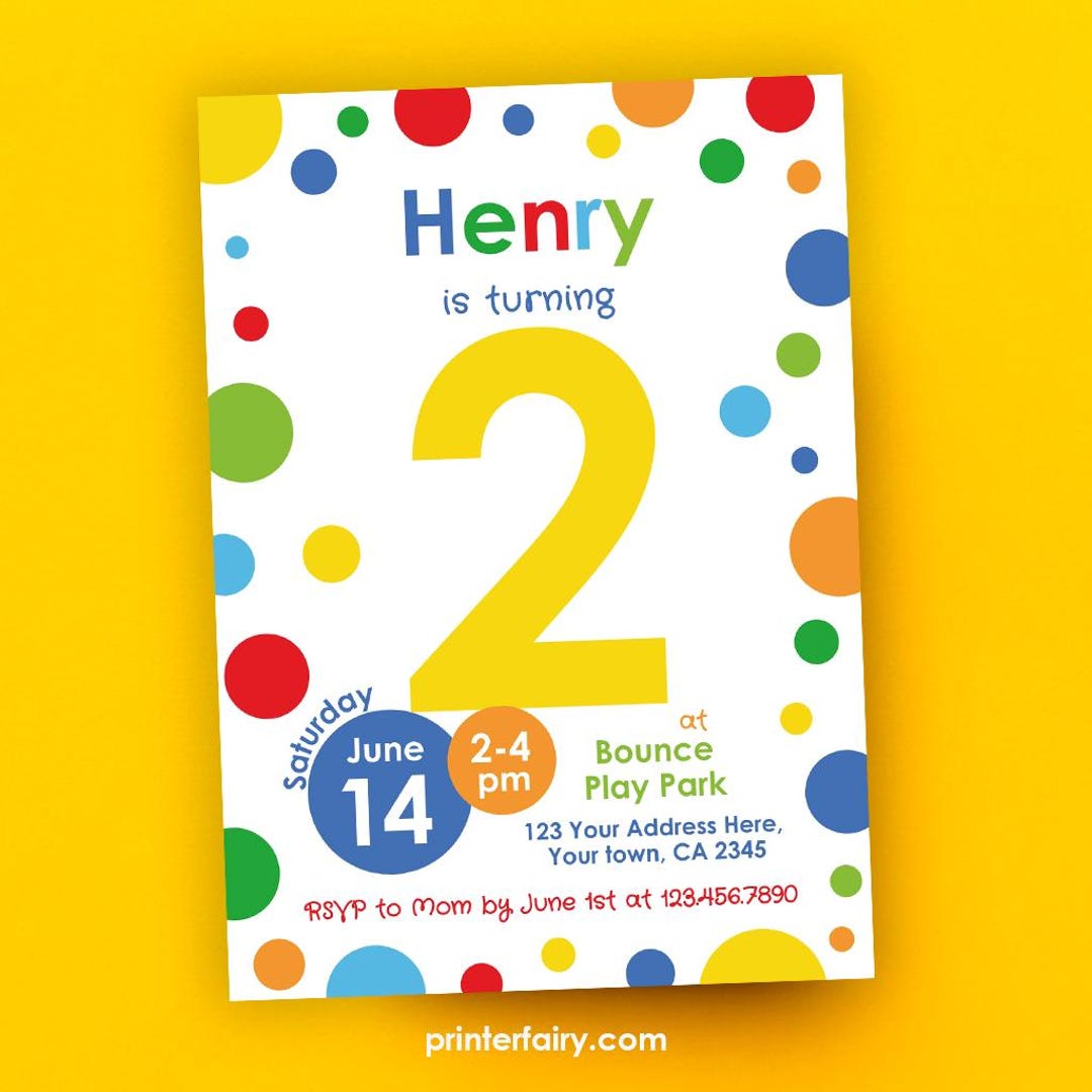 Primary Colors 2nd Birthday Invitation Editable Template, Confetti ...