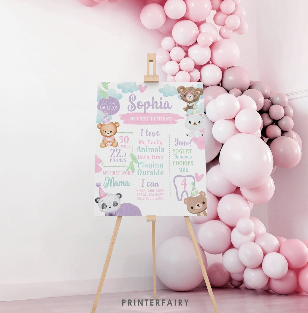 Bear First Birthday Milestones Sign, Editable, Bear-y Fun Birthday ...