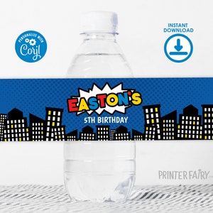 Superhero Water Bottle Label, Editable, Little Superhero Party Water ...