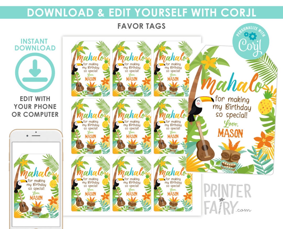 Luau Favor Tags, EDITABLE, Hawaiian Thank You Tags, Beach Birthday ...