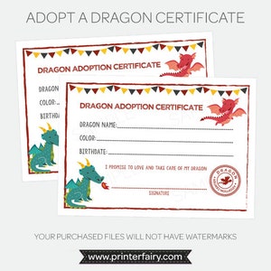 Adopt a Dragon Printables, Pet Adoption Party, Dragon Adoption Certificate and Sign, Dragon ...