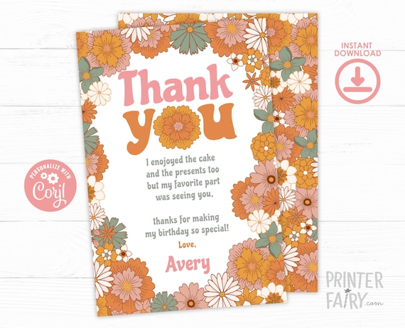 Hippie Floral Thank You Card Groovy One Birthday Two Groovy - Etsy