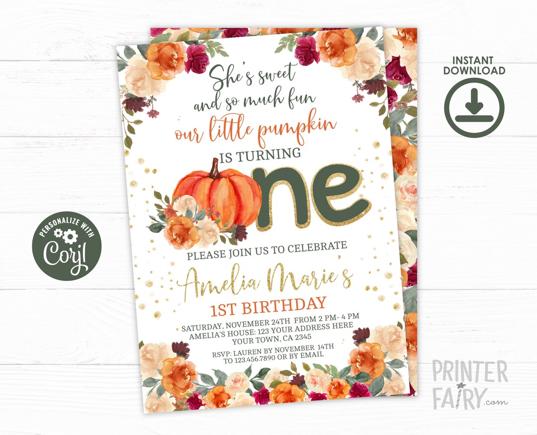 Little Pumpkin First Birthday Invitation, EDITABLE Pumpkin Invitation ...