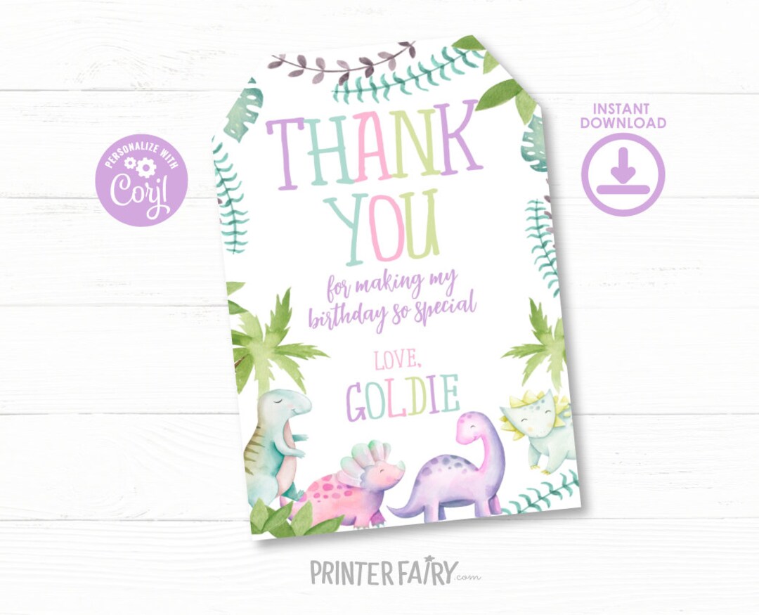 Dinosaur Favor Tags, EDITABLE, Dinosaur Thank You Tags, Girl Birthday ...