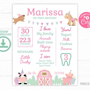 Farm First Birthday Stats Sign, Cute Farm Animals, Farm Birthday ...