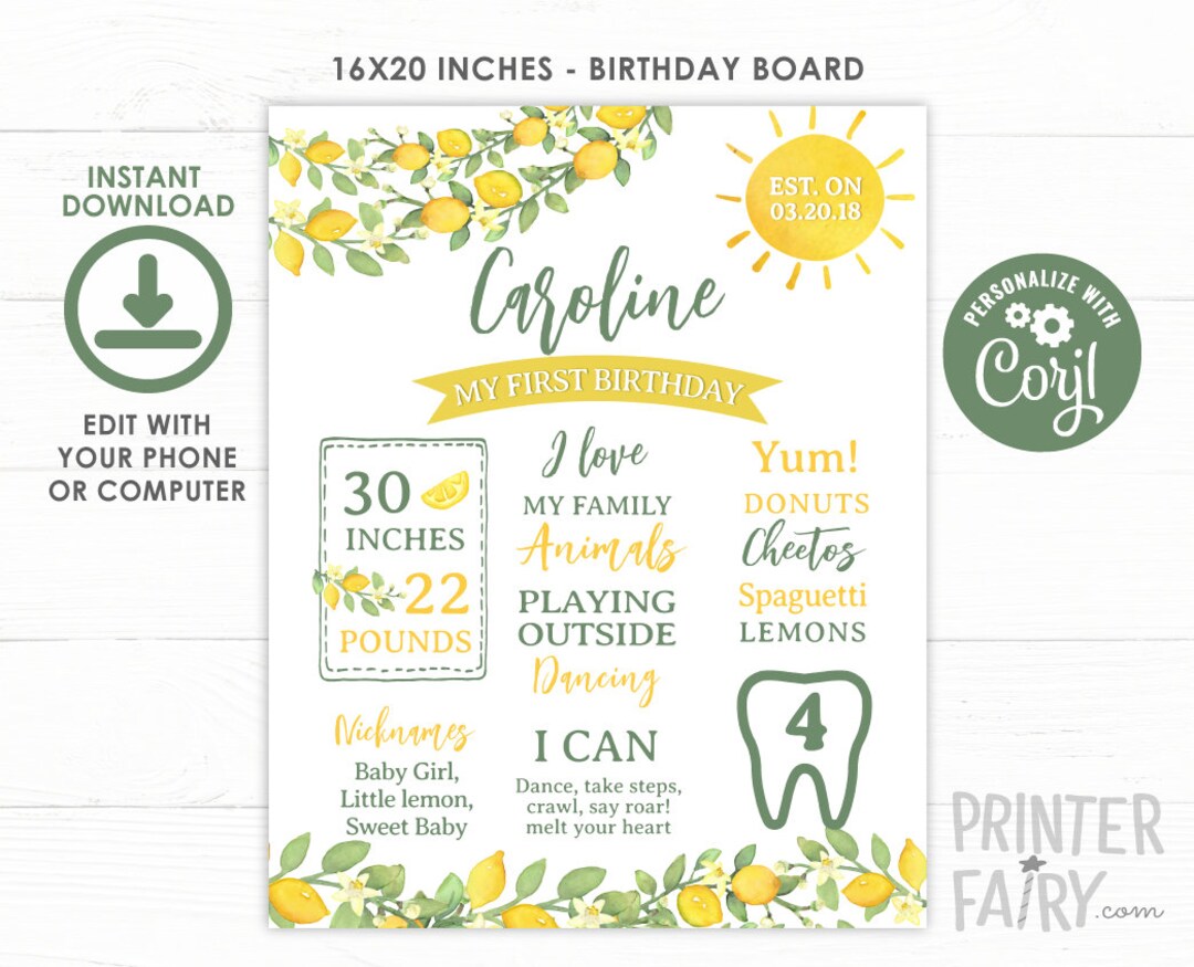 Lemon Milestones Board, Editable, Citrus Sign, Lemonade Birthday Party ...