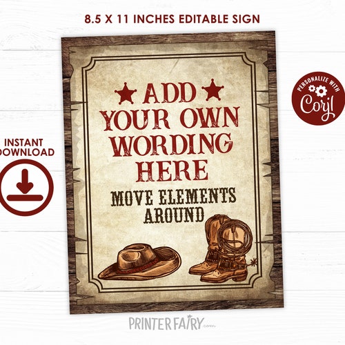 Wild West Cowboy Party Sign INSTANT DOWNLOAD Partially - Etsy