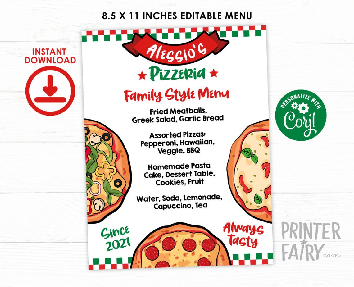 Pizza Party Menu Pizza Birthday Party Editable Menu - Etsy