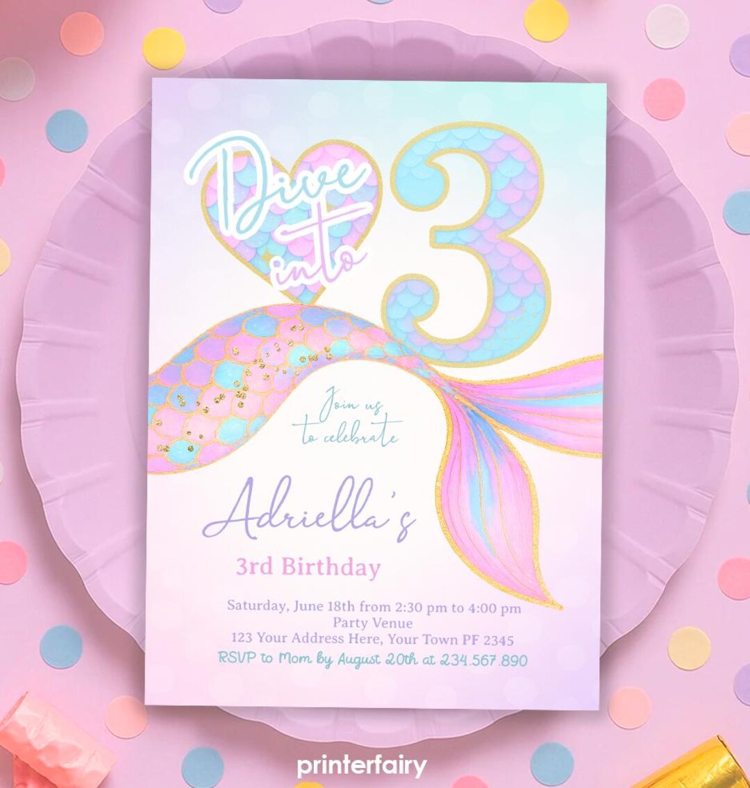 Dive Into Three Mermaid 3rd Birthday Invitation Editable Template ...