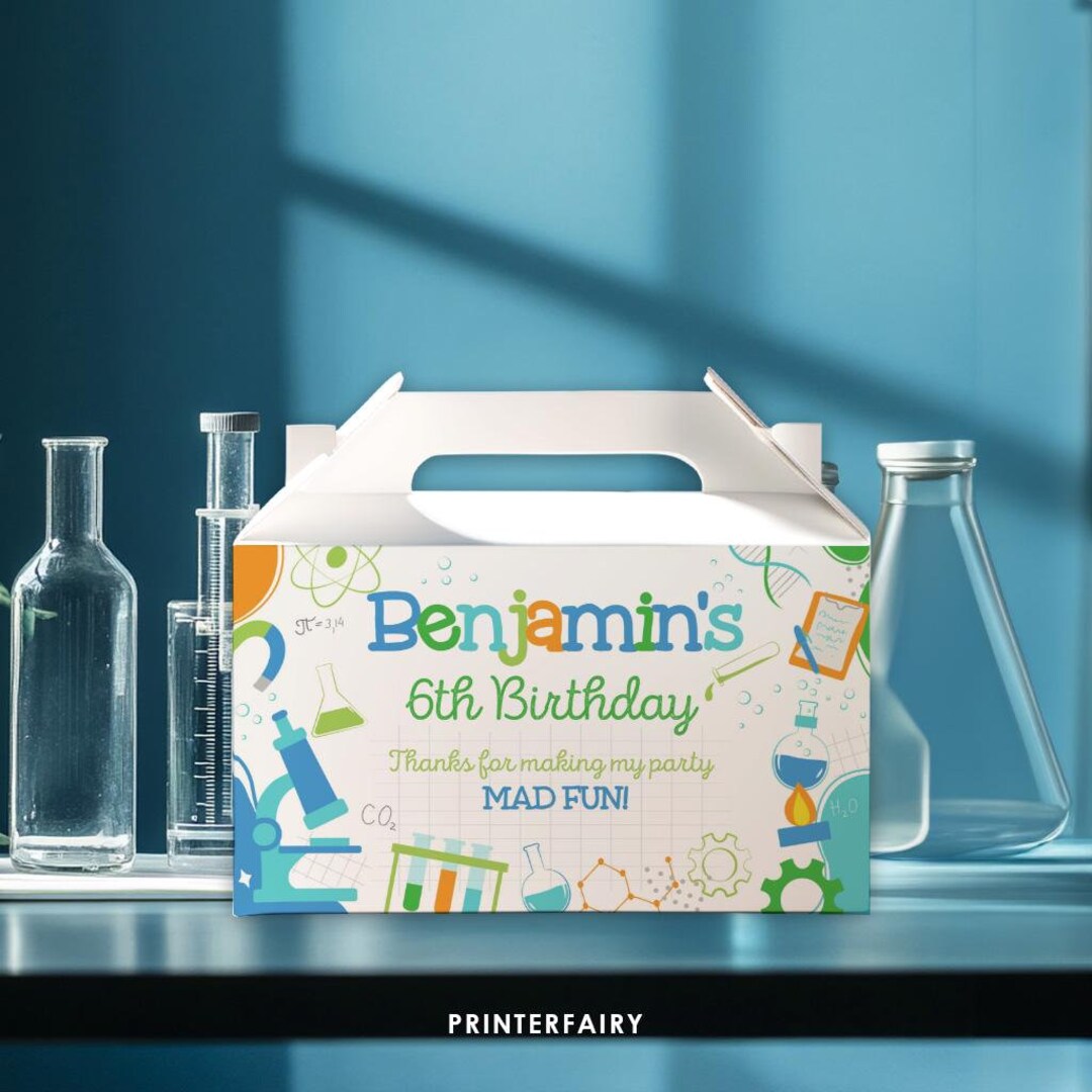 Science Birthday Party Gable Box Label, EDITABLE, Science Theme Party ...