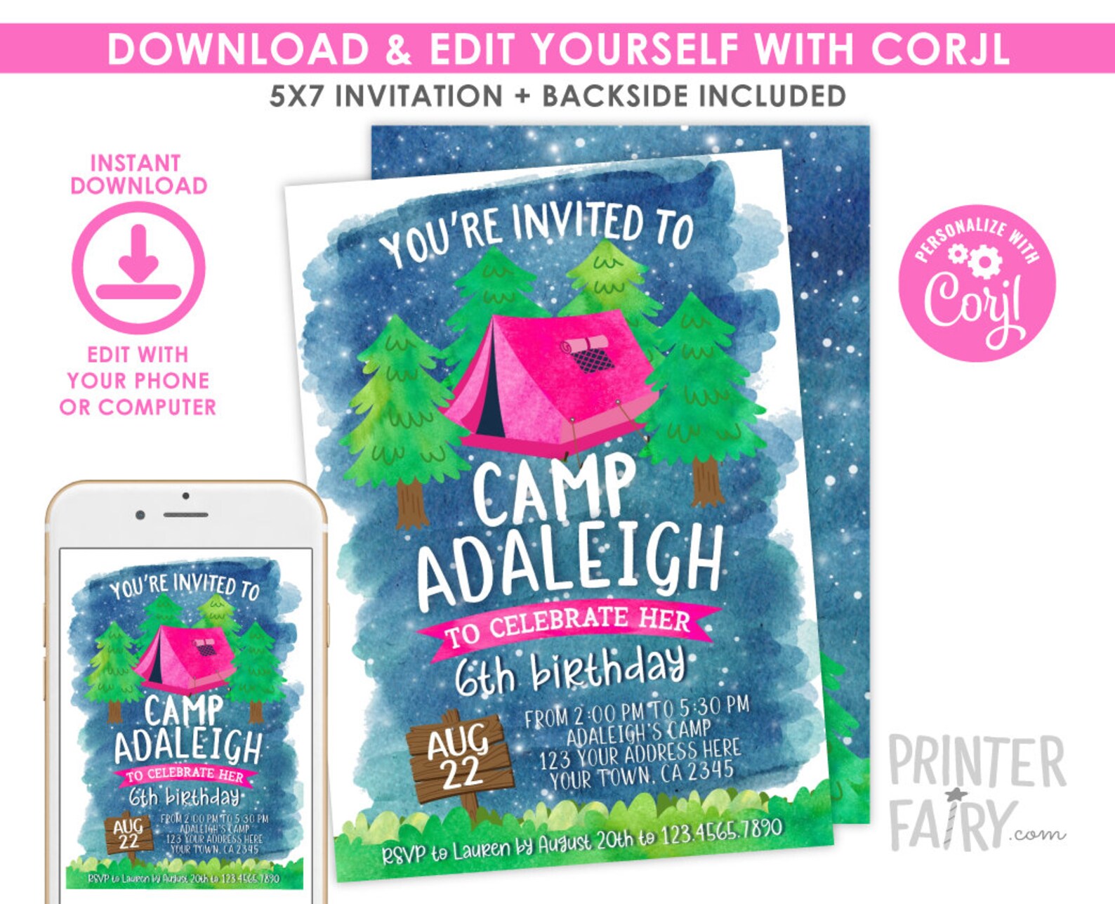 Camping Invitation Editable Summer Camp Birthday Party - Etsy