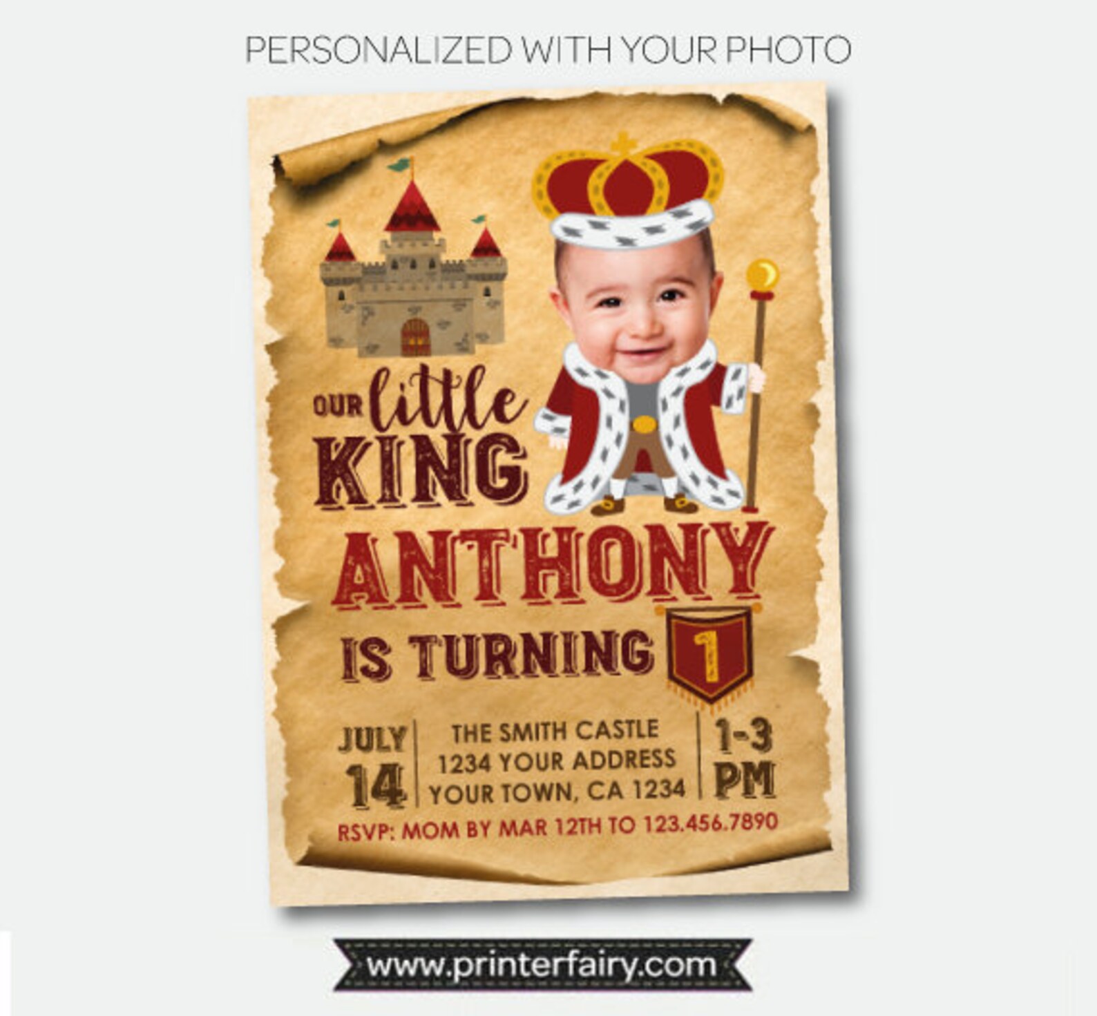 King Birthday Invitation With Photo, Medieval Castle (printable ...