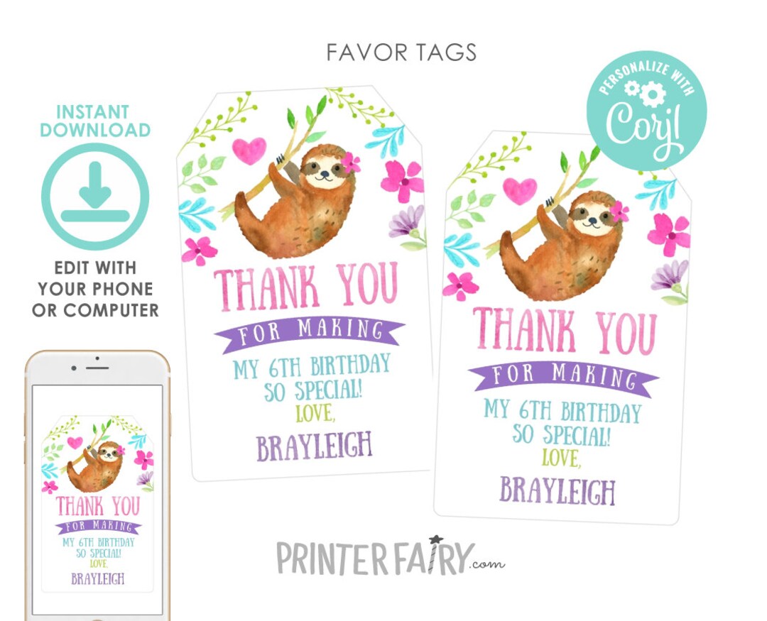 Sloth Favor Tags, EDITABLE, Sloth Birthday Party, Sloth Thank You Tags ...