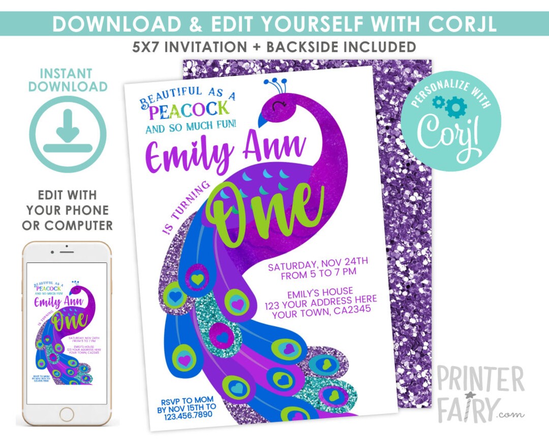 Peacock First Birthday Invitation EDITABLE Feather - Etsy