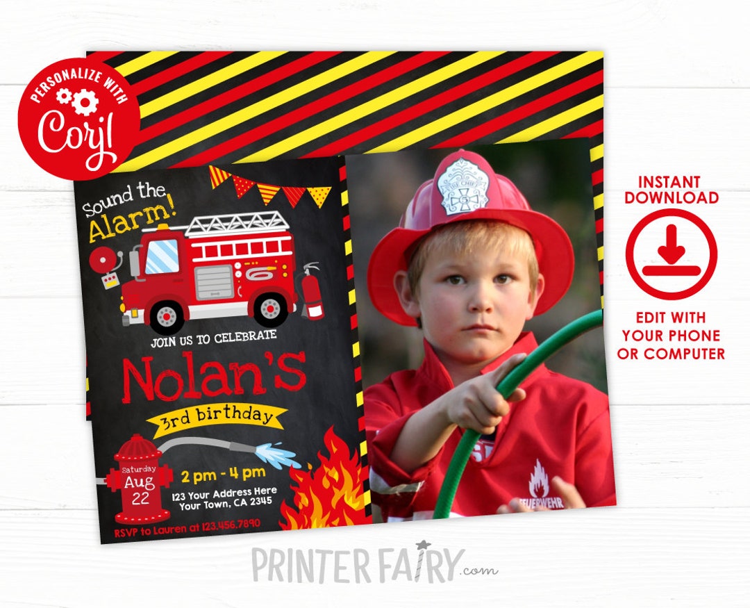 Firefighter Invitation With Photo, EDITABLE Fire Fighter Birthday Party ...