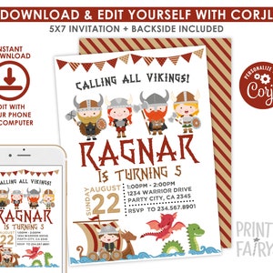 Viking Birthday Invitation, EDITABLE Dragon Birthday Invitation, Dragon ...