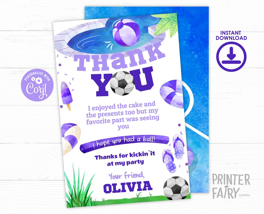 Soccer Pool Birthday Party Thank You Card, Editable Sports Summer Pool ...