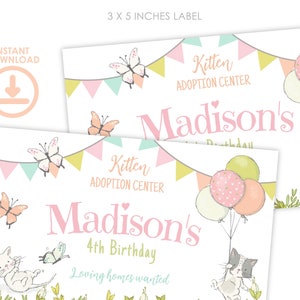 Kitty Cat Birthday Party Gable Box Label, Editable, Kitten Garden ...